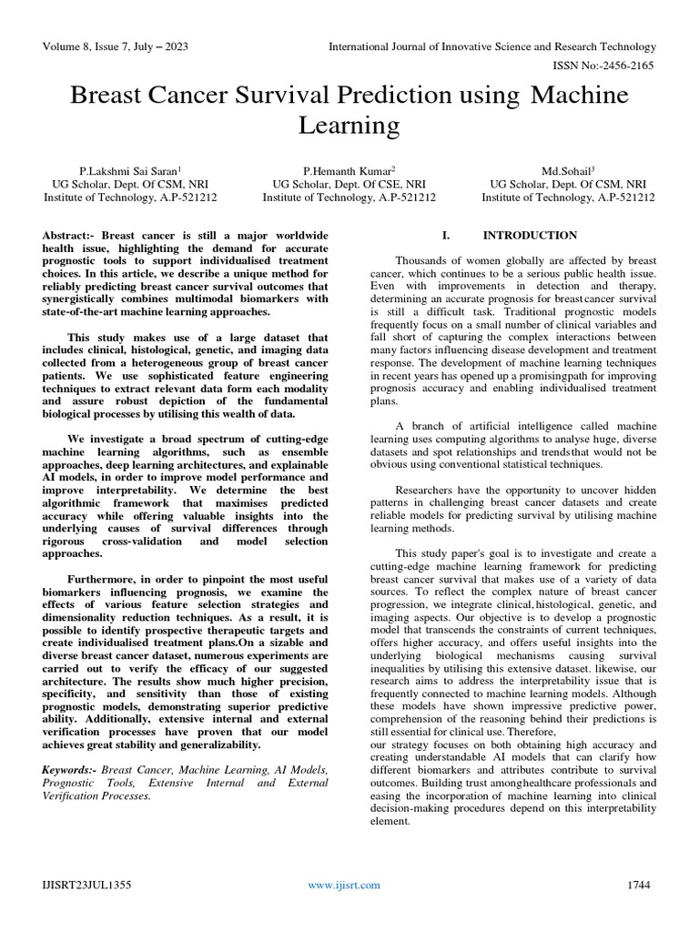 Breast Cancer Survival Prediction Using Machine Learning Pdf Machine Learning Personalized