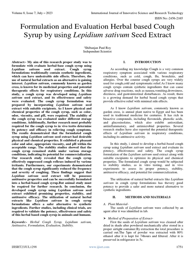 Formulation and Evaluation Herbal Based Cough Syrup by Using Lepidium ...