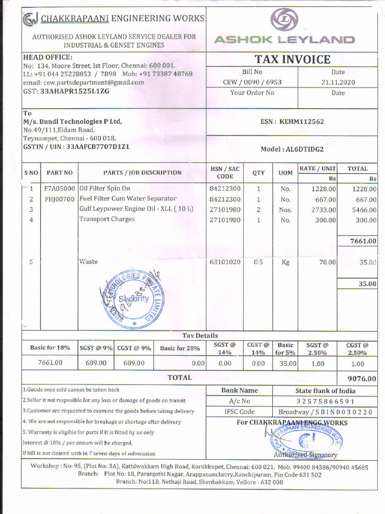 Alwarpet DG Oil Service Invoice | PDF