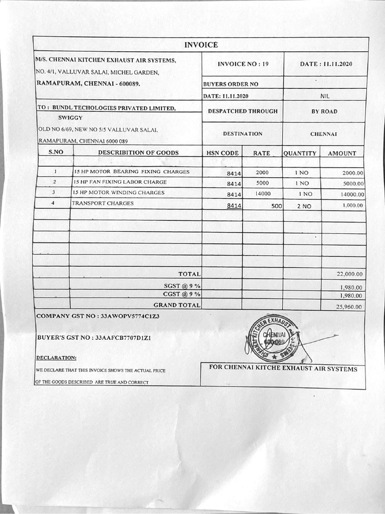 Ramapuram Motor Wending Service Invoice | PDF