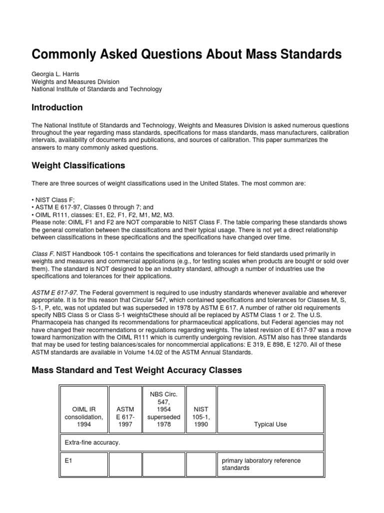 Common Questions Mass Standards | PDF | Calibration | National ...