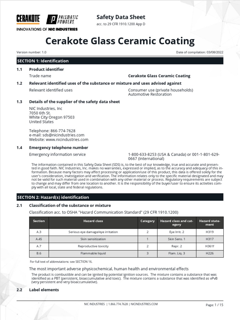 Cerakote Glass Ceramic Coating v1 SDS | PDF