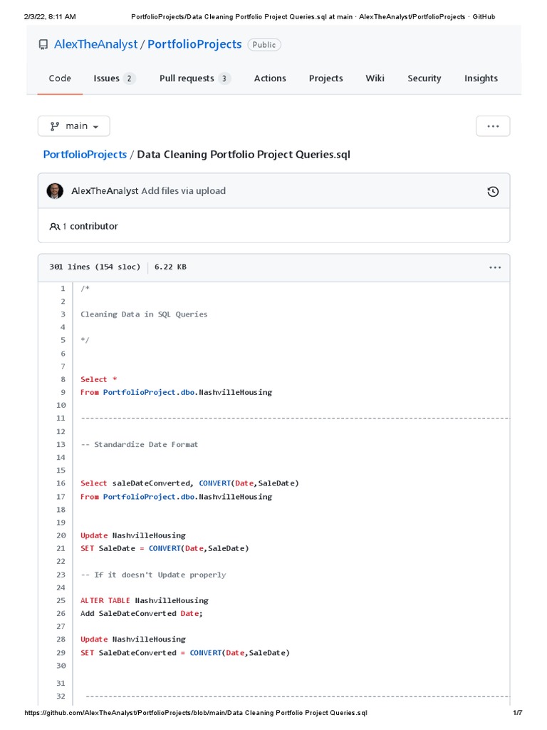 PortfolioProjects - Data Cleaning Portfolio Project Queries - SQL at Main AlexTheAnalyst ...