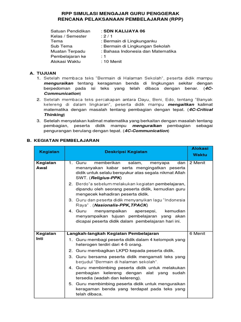 RPP Simulasi Mengajar Guru Penggerak Rencana Pelaksanaan Pembelajaran (RPP) | PDF