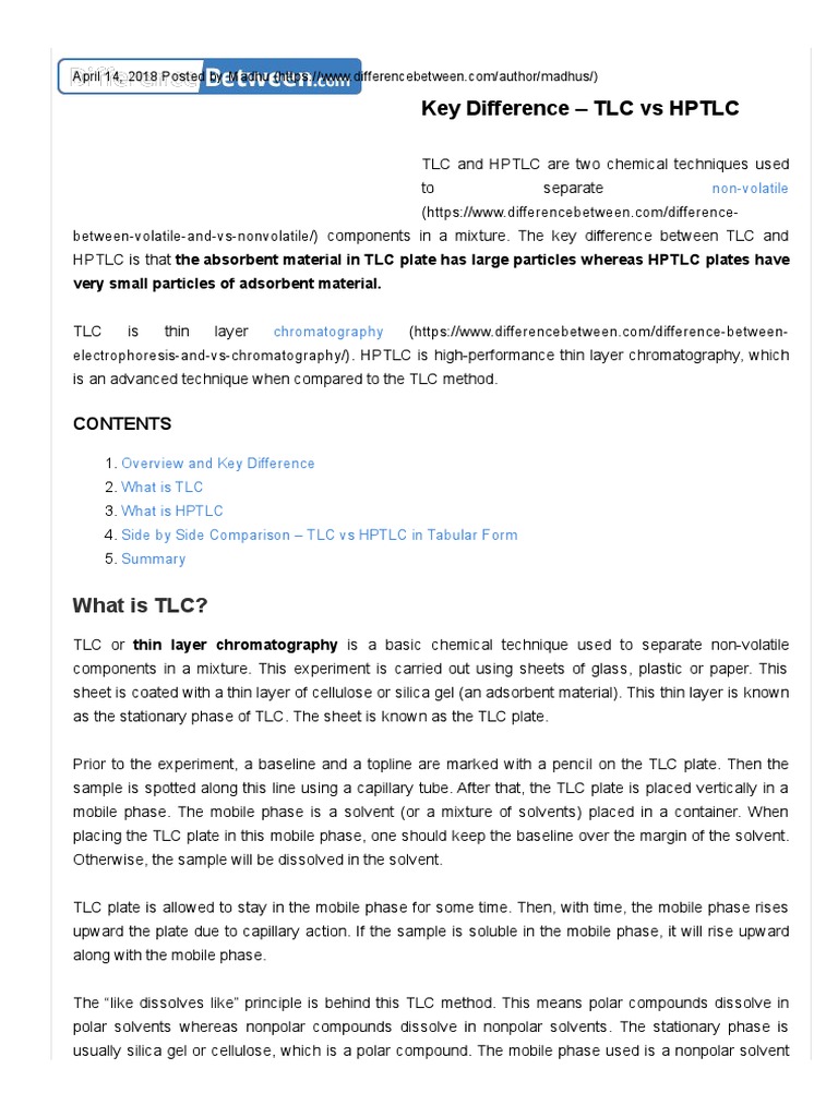 Difference Between TLC and Vs HPTLC | PDF