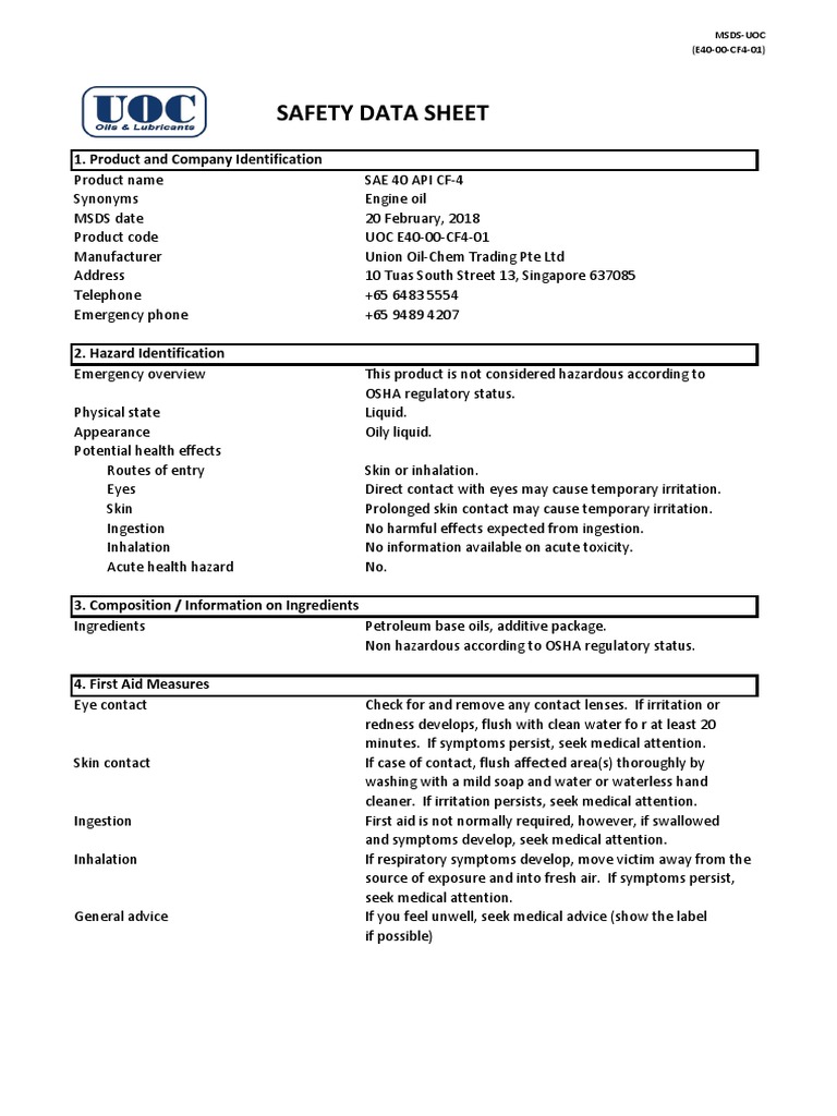 Sds Sae 40 API Cf-4 | PDF