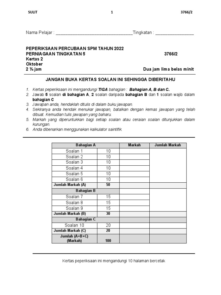 Soalan PPC Perniagaan Kertas 2 SPM 2022 | PDF