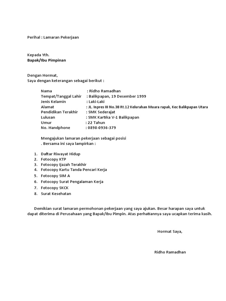 Lamaran Pekerjaan Ridho Ramadhan | PDF | Karier & Perkembangan