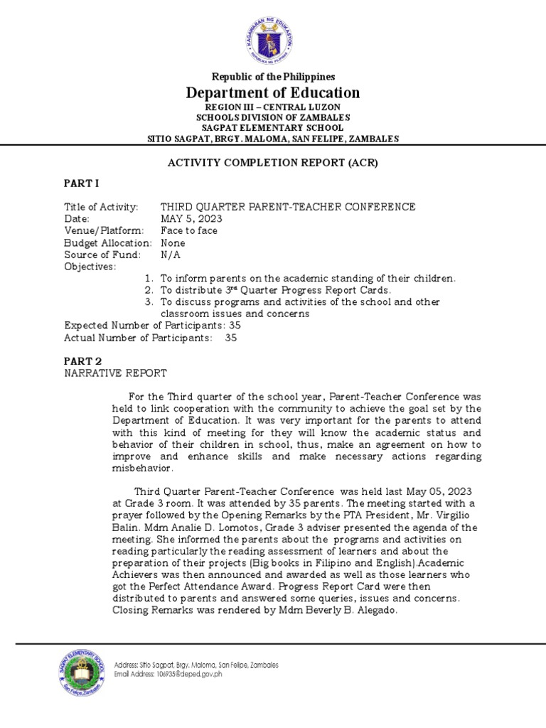 ACTIVITY COMPLETION REPORT_HRPTA MEETINGMdm Analie - 3rd quarter | PDF | Behavior Modification ...