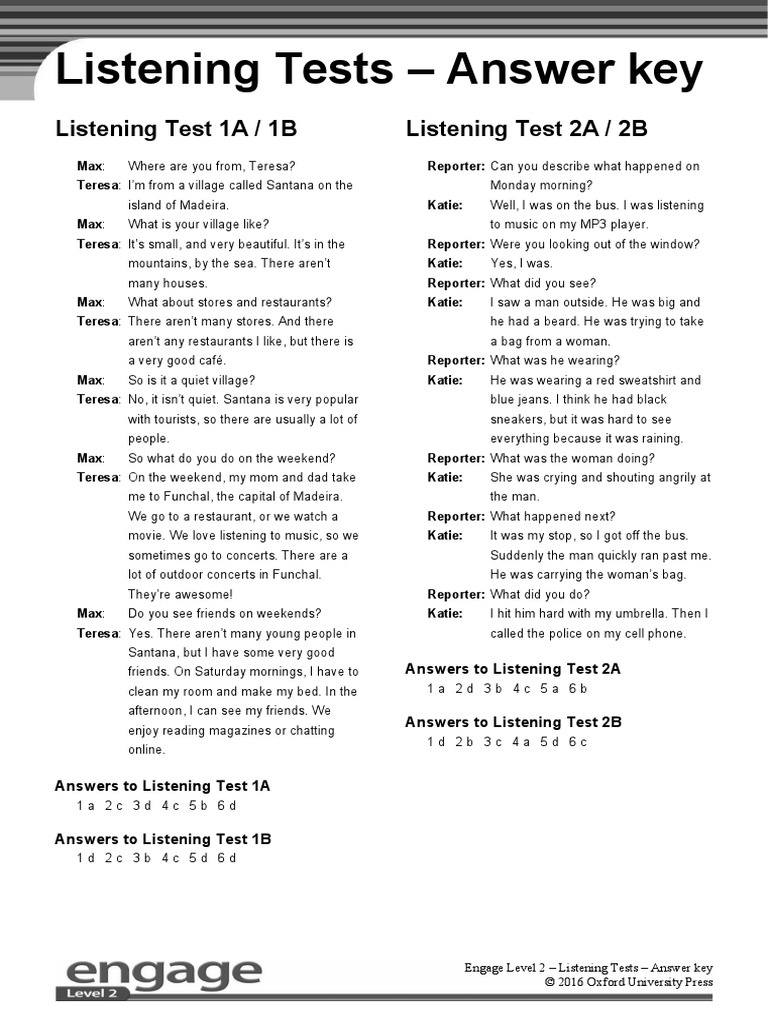 Eng Level2 Listen Tests Key | PDF