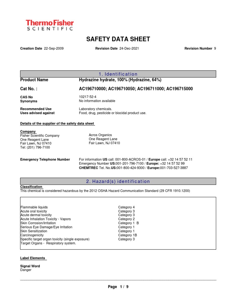 Hydrazine Hydrate Safety Data Sheet | PDF | Self-Improvement | Wellness