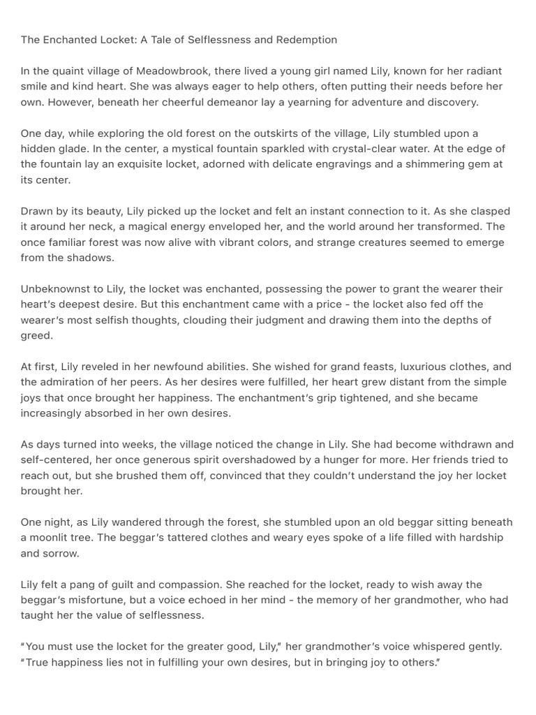 The Enchanted Locket: A Tale of Selflessness and Redemption | PDF