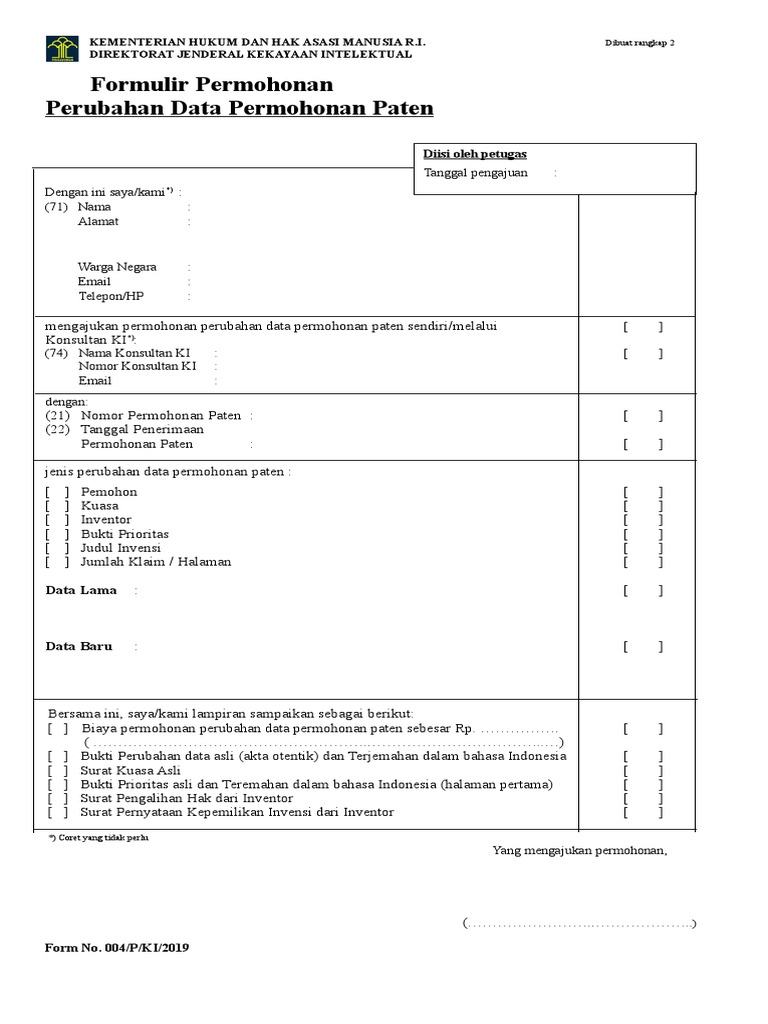 Formulir Permohonan Perubahan Data Permohonan Paten | PDF
