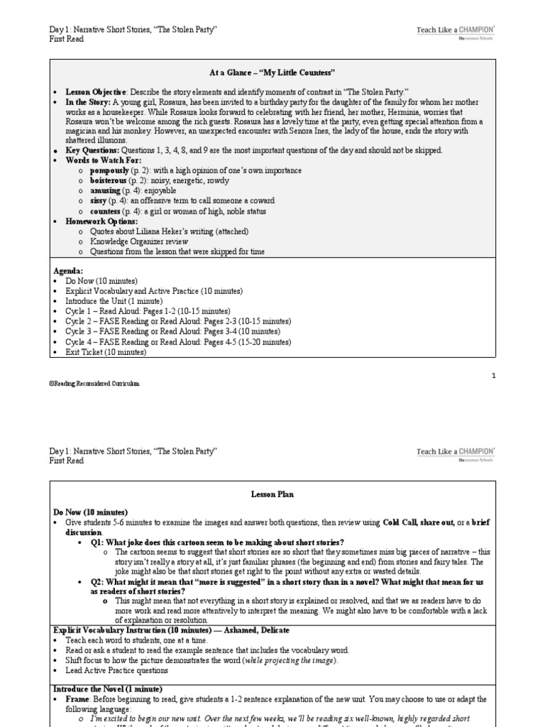 1 Short Stories Lesson Plan - Stolen Party Day 1 1 | PDF