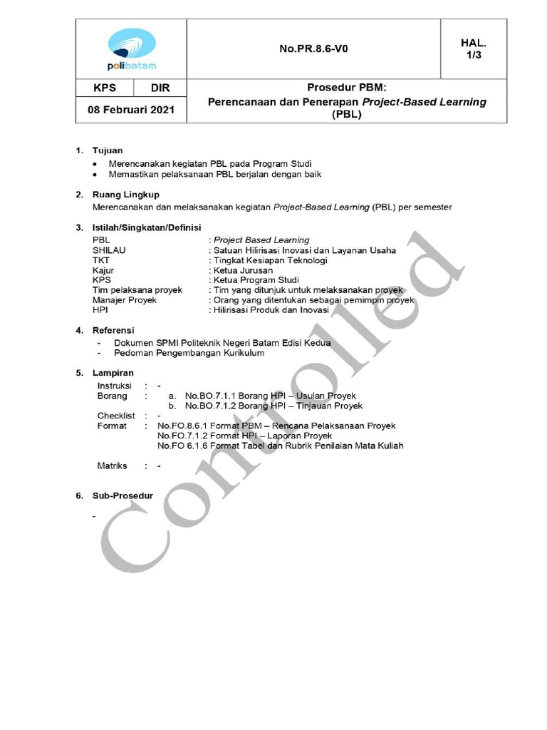 No - PR.8.6-V0 Prosedur PBM - Perencanaan Dan Penerapan PBL | PDF