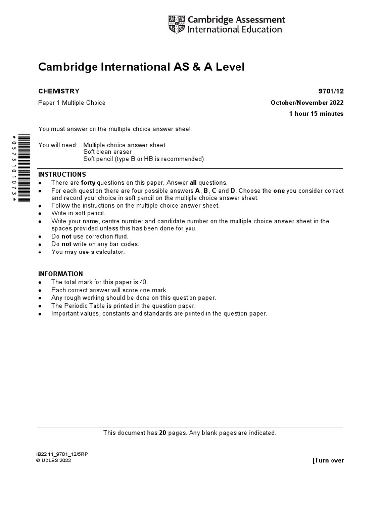 Cambridge International AS & A Level: Chemistry 9701/12 | PDF