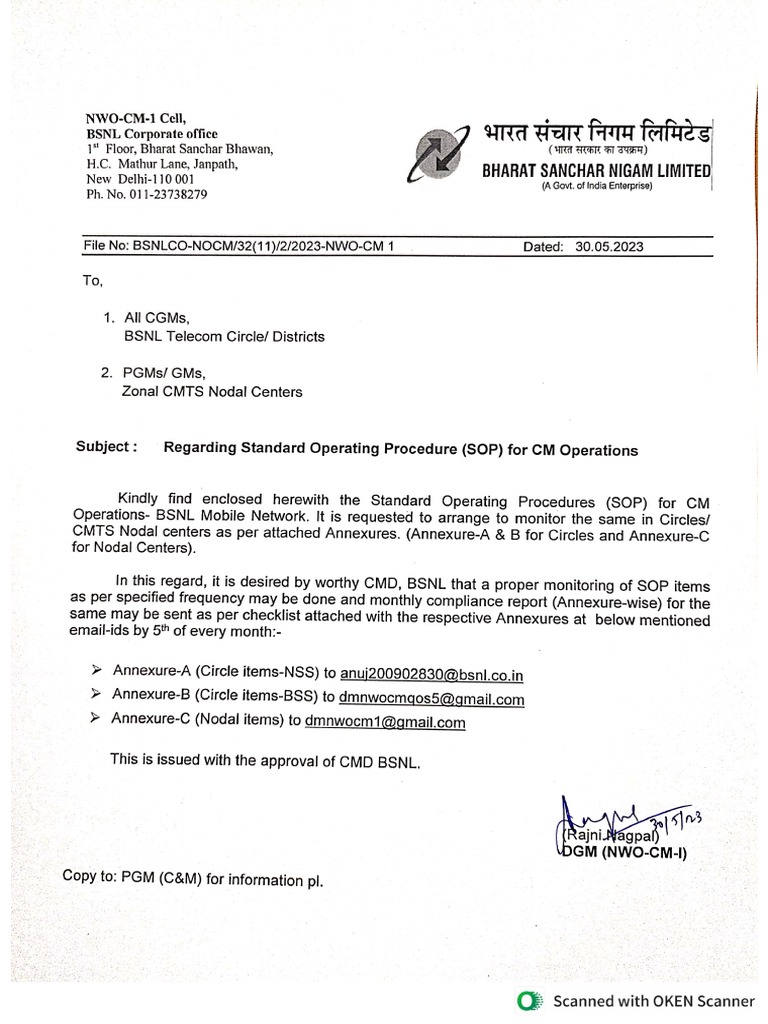 SOP Letter FOR CM Operation | PDF