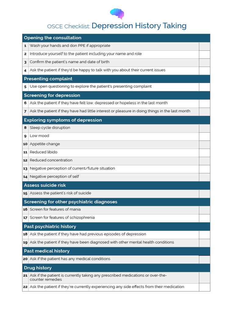 OSCE Checklist Depression History Taking | PDF | Major Depressive Disorder | Mental Disorder
