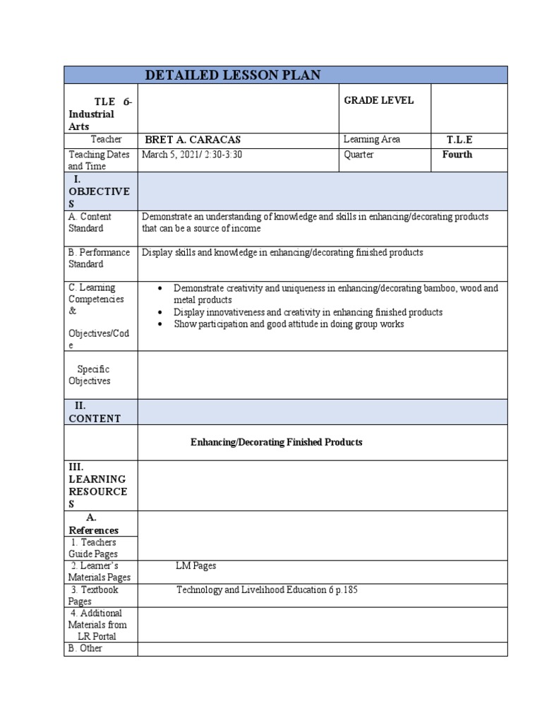 DETAILED LESSON PLAN in Industrial Arts | PDF