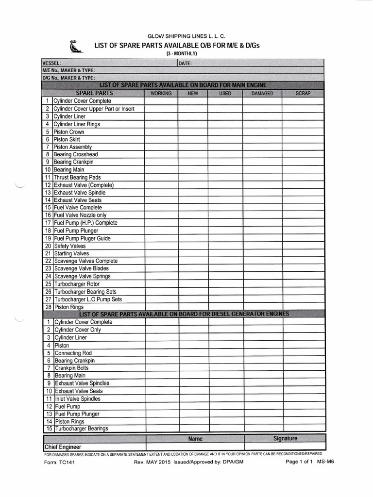 Form TC141 - List of Spare Parts Available | PDF