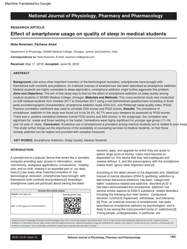 Effect of Smartphone Usage On Quality of Sleep in Medical Students 2018 | PDF | Sleep | Mental ...