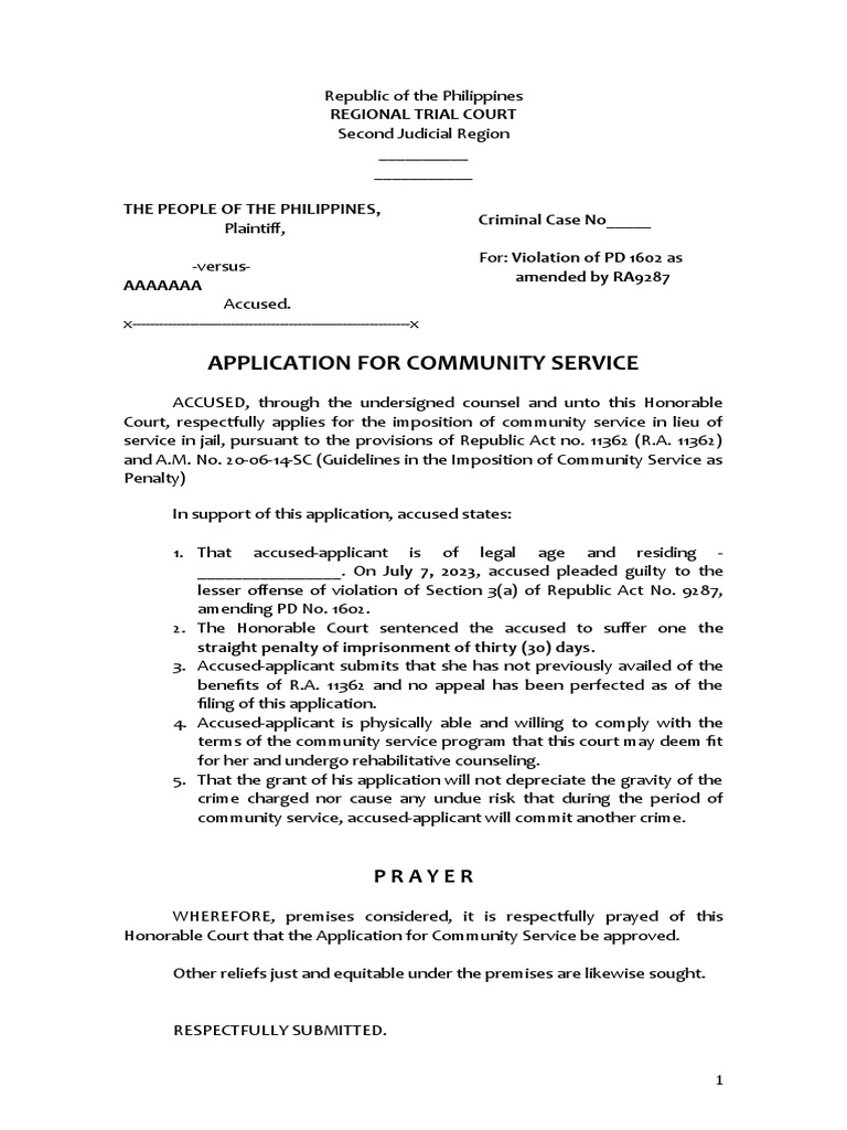 Sample Application For Community Service | PDF | Crimes | Crime & Violence