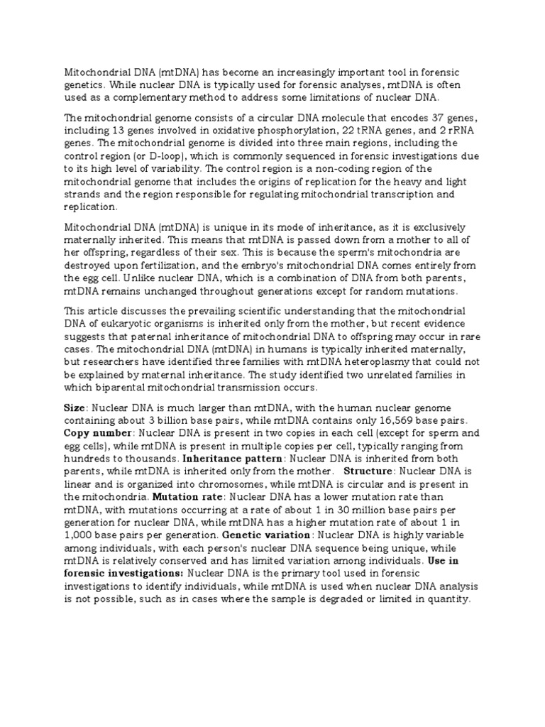 Mitochondrial DNA in Forensic Genetics | PDF