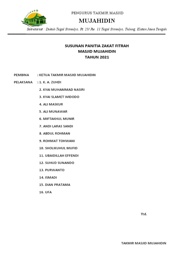 Susunan Panitia Zakat Fitrah | PDF