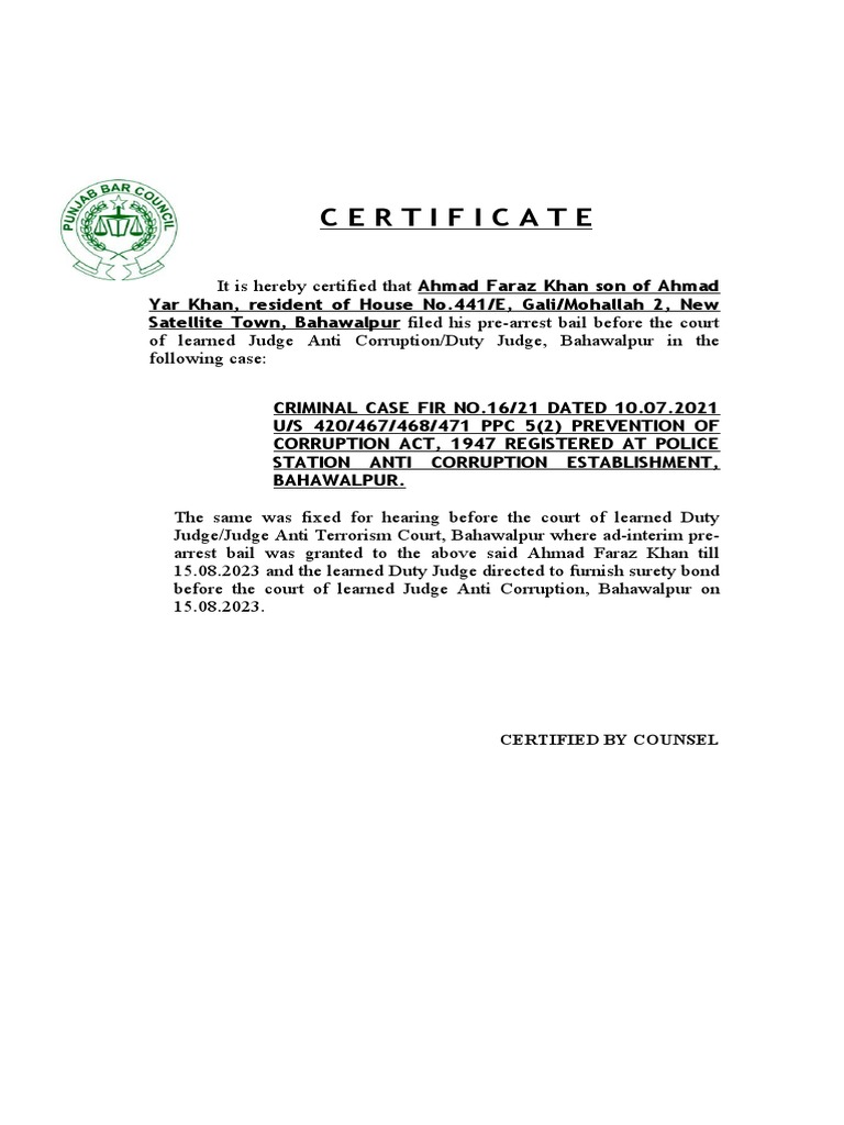 Pre-Arrest Bail Certificate for Ahmad Khan | PDF