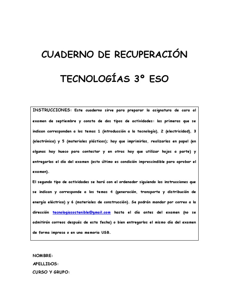 Cuaderno de Recuperación Tecnologías 3º Eso | PDF | Resistencia Eléctrica y Conductancia ...