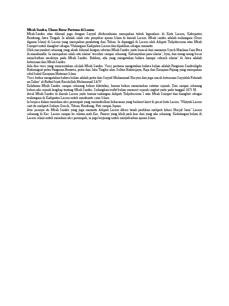 Mbah Sambu: Ulama Legendaris Lasem | PDF