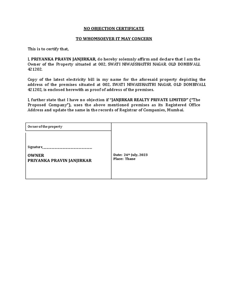 No Objection Certificate for Office Use | PDF