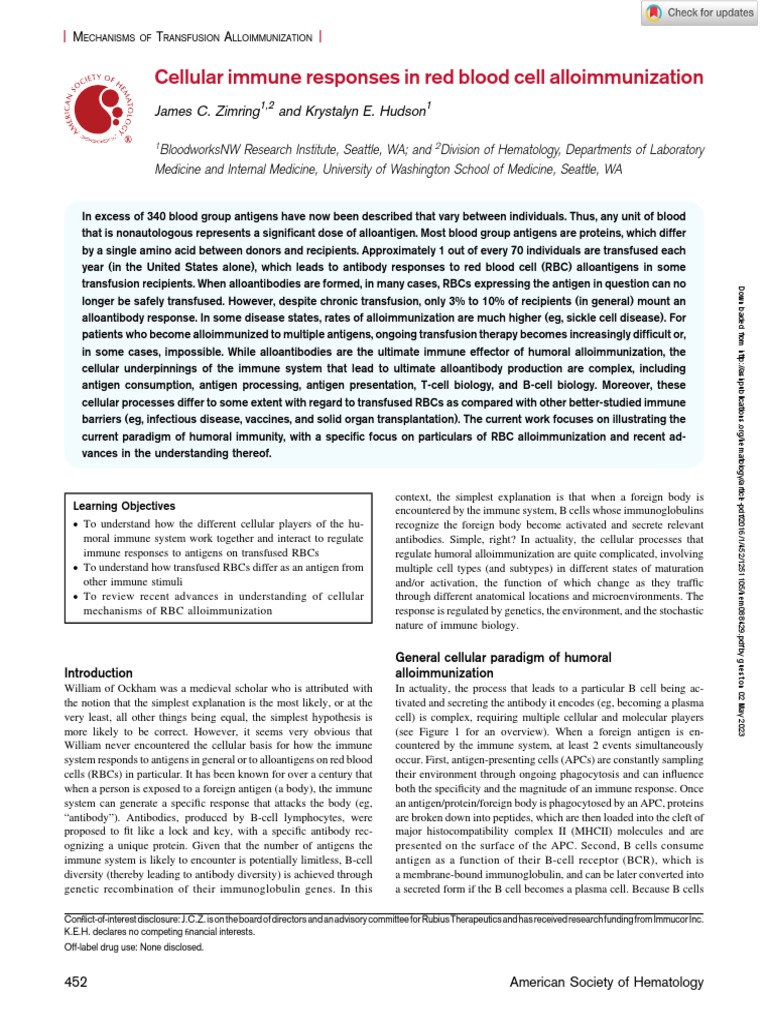 Cellular Immune Responses in Red Blood Cell Alloimmunization | PDF | B ...