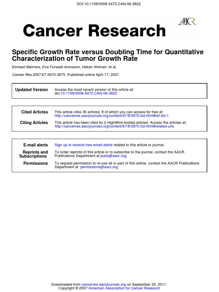 Characterization of Tumor Growth Rate Specific Growth Rate Versus ...