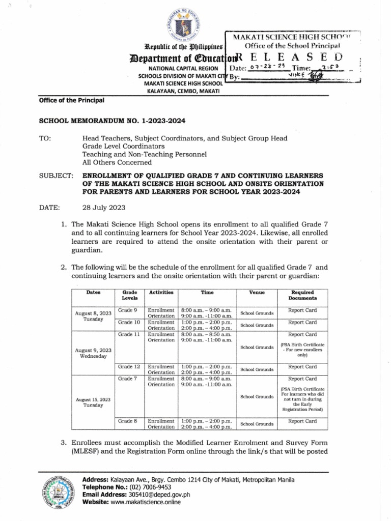 School Memo No. 1 2023 2024 | PDF