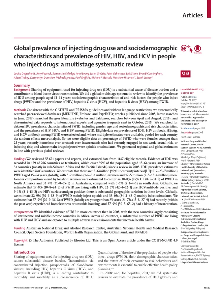 Global Prevalence Of Injecting Drug Use And Sociodemographic