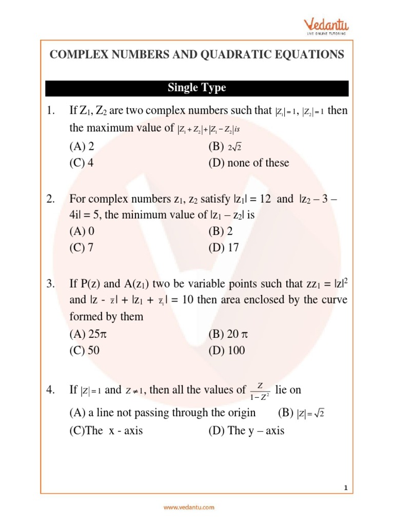 JEE Main Complex Numbers and Quadratic Equations Important Questions (2022) | PDF