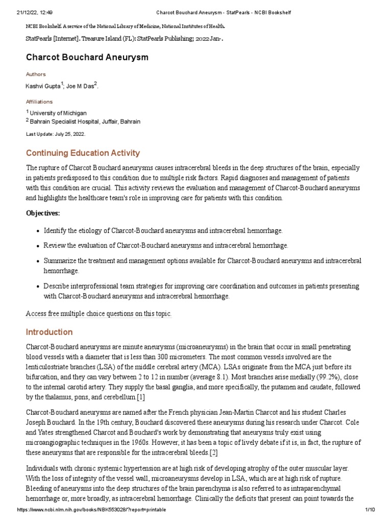 Charcot-Bouchard Aneurysm Guide | PDF | Hypertension | Thrombosis