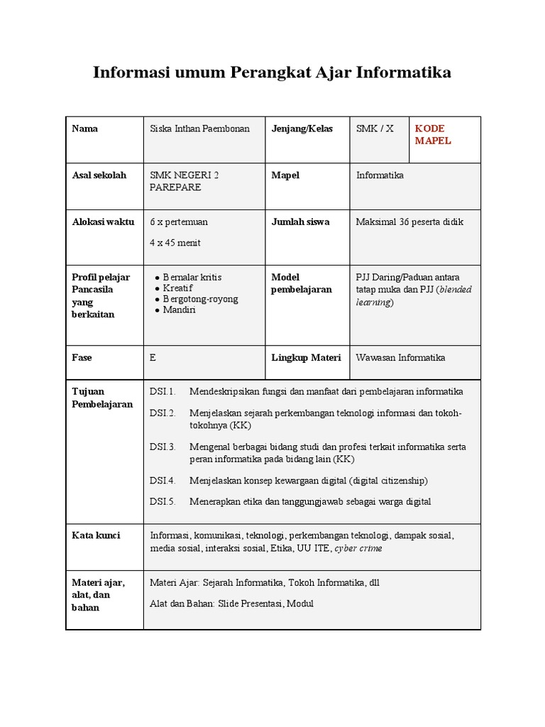 Informasi Umum Perangkat Ajar Informatika | PDF