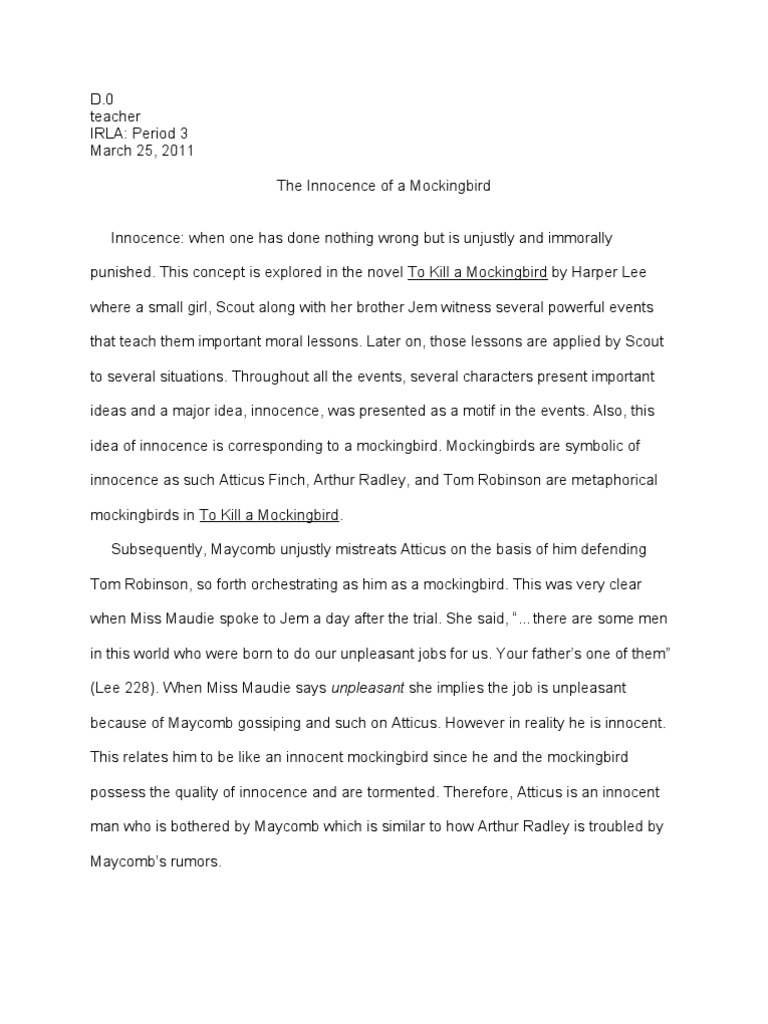 To Kill A Mockingbird Essay | PDF | To Kill A Mockingbird