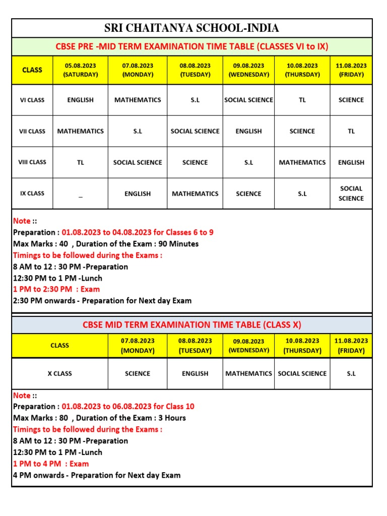 CBSE VI To IX Pre-Mid & X Class Mid Term Examination Time Table (Old Branches) | PDF