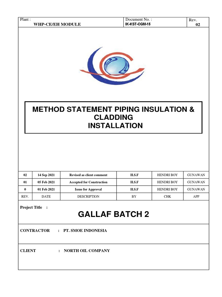 Method Statement of Piping Insulation and Cladding Installation R.02 | PDF | Toxicity | Manganese