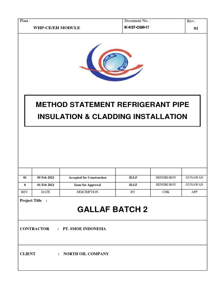 Method Statement of Refrigran Pipe Insulation and Cladding Installation | PDF | Thermal ...