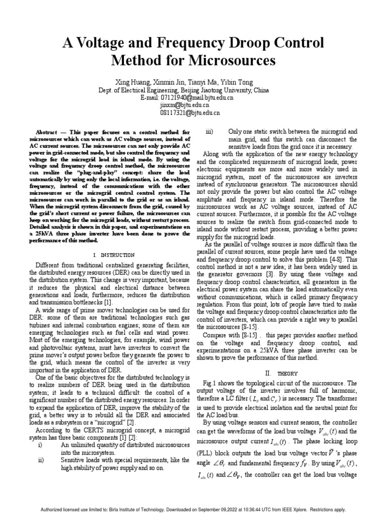 A Voltage and Frequency Droop Control Method For Microsources | PDF ...