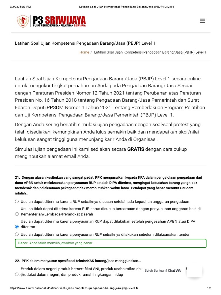 Latihan Soal Ujian Kompetensi Pengadaan Barang/Jasa (PBJP) Level 1 | PDF