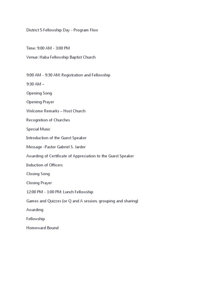 District 5 Fellowship Day Program Flow | PDF