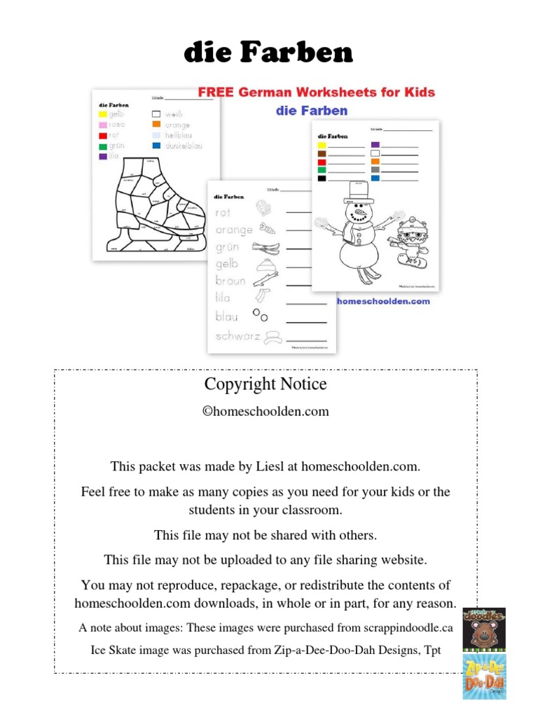 Free German Worksheets for Kids Colors Die Farben Winter Theme | PDF