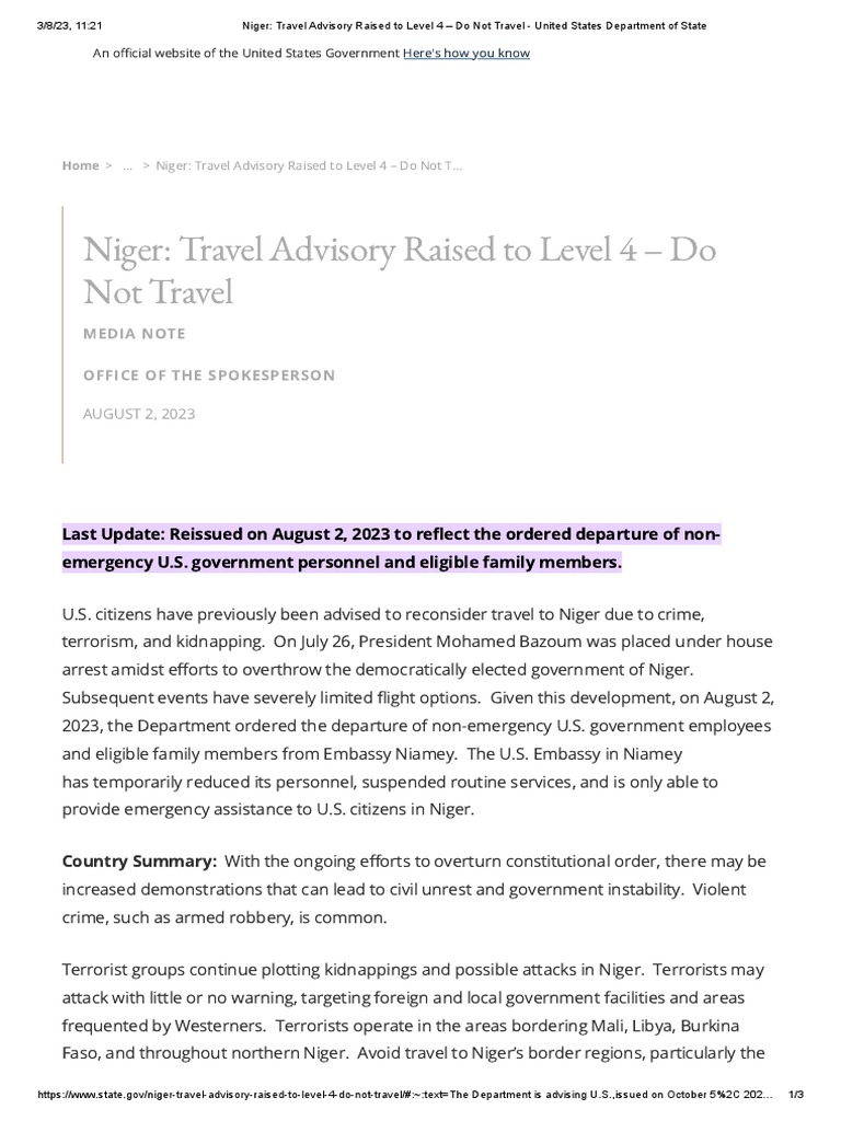 Niger - Travel Advisory Raised To Level 4 - Do Not Travel - United ...