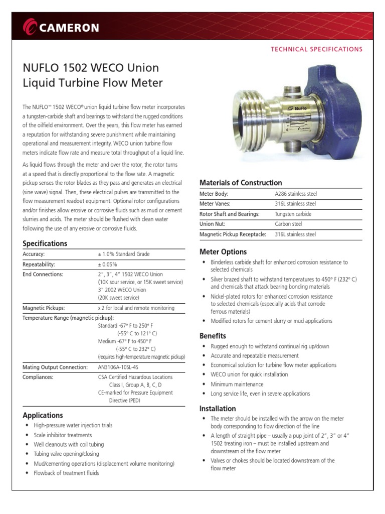 Nuflo 1502 Weco Union Liquid Turbine Flow Meter Data Sheet | PDF Nuflo 1502 Weco Union Liquid Turbine Flow Meter Data Sheet | PDF