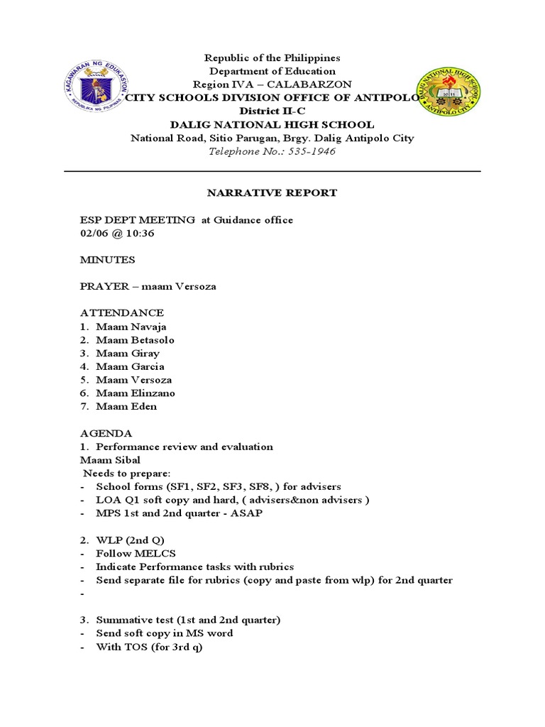 Narrative Report ESP Department Meeting September 23 2022 | PDF